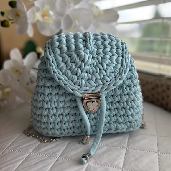 Handmade | Bags | Handcrafted Blue Knit Backpack | Poshmark